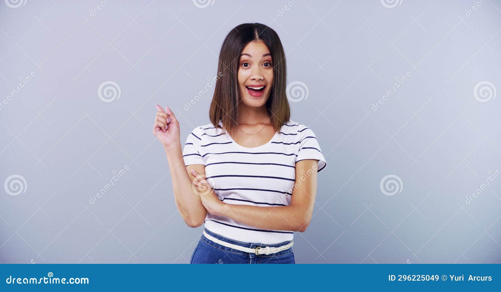 Thinking, Hand Pointing and Face of Happy Woman in Studio with Plan ...