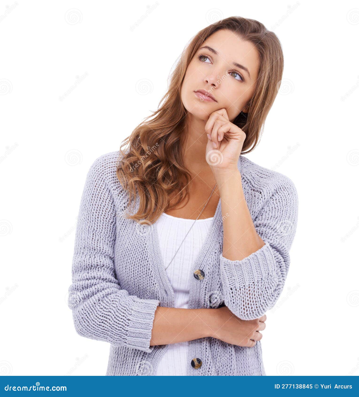 Thinking about Her Day. a Young Pensive Woman Isolated on White. Stock ...