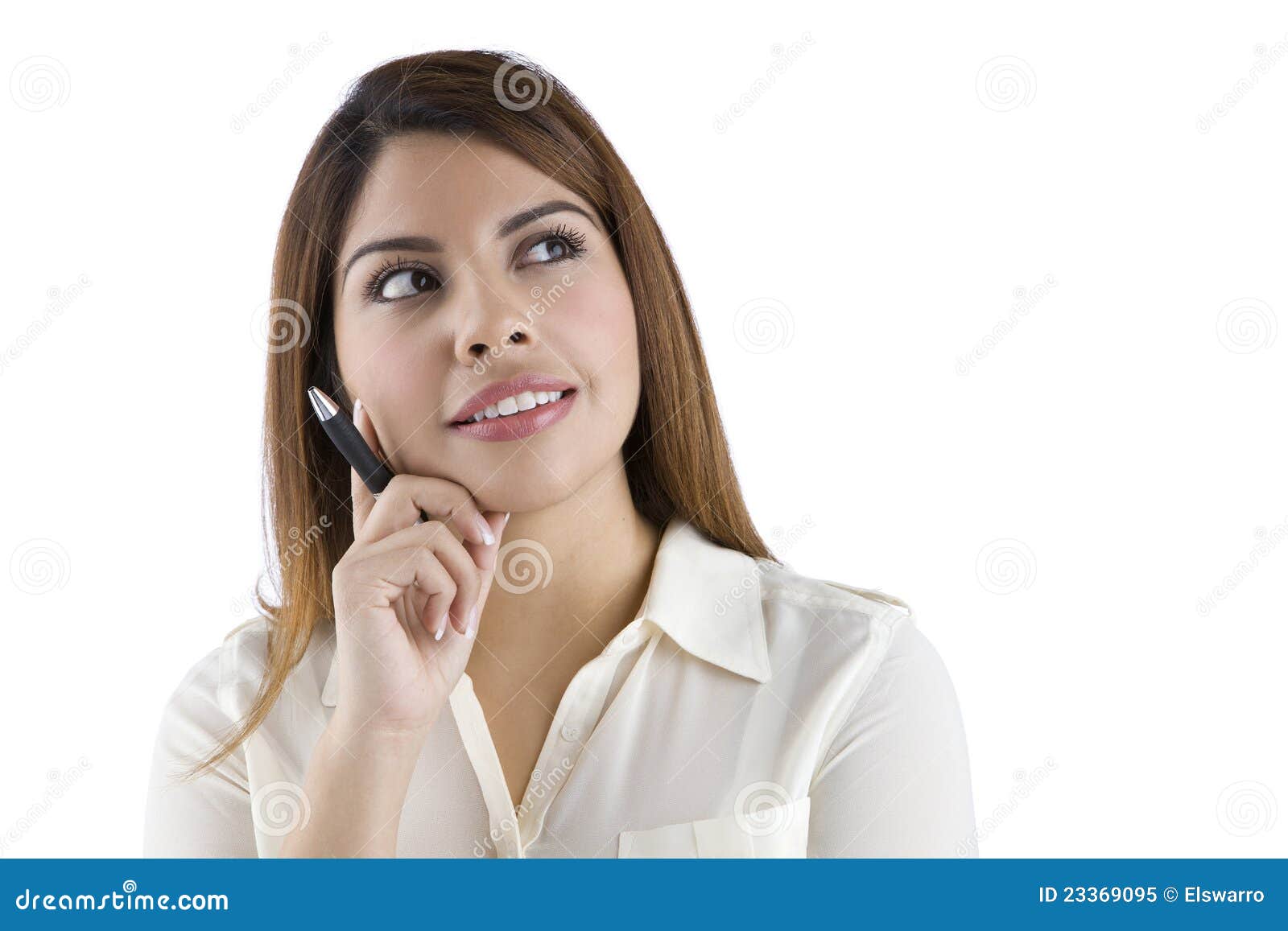 Thinking Hispanic Woman Holding a Pen Stock Image - Image of woman ...