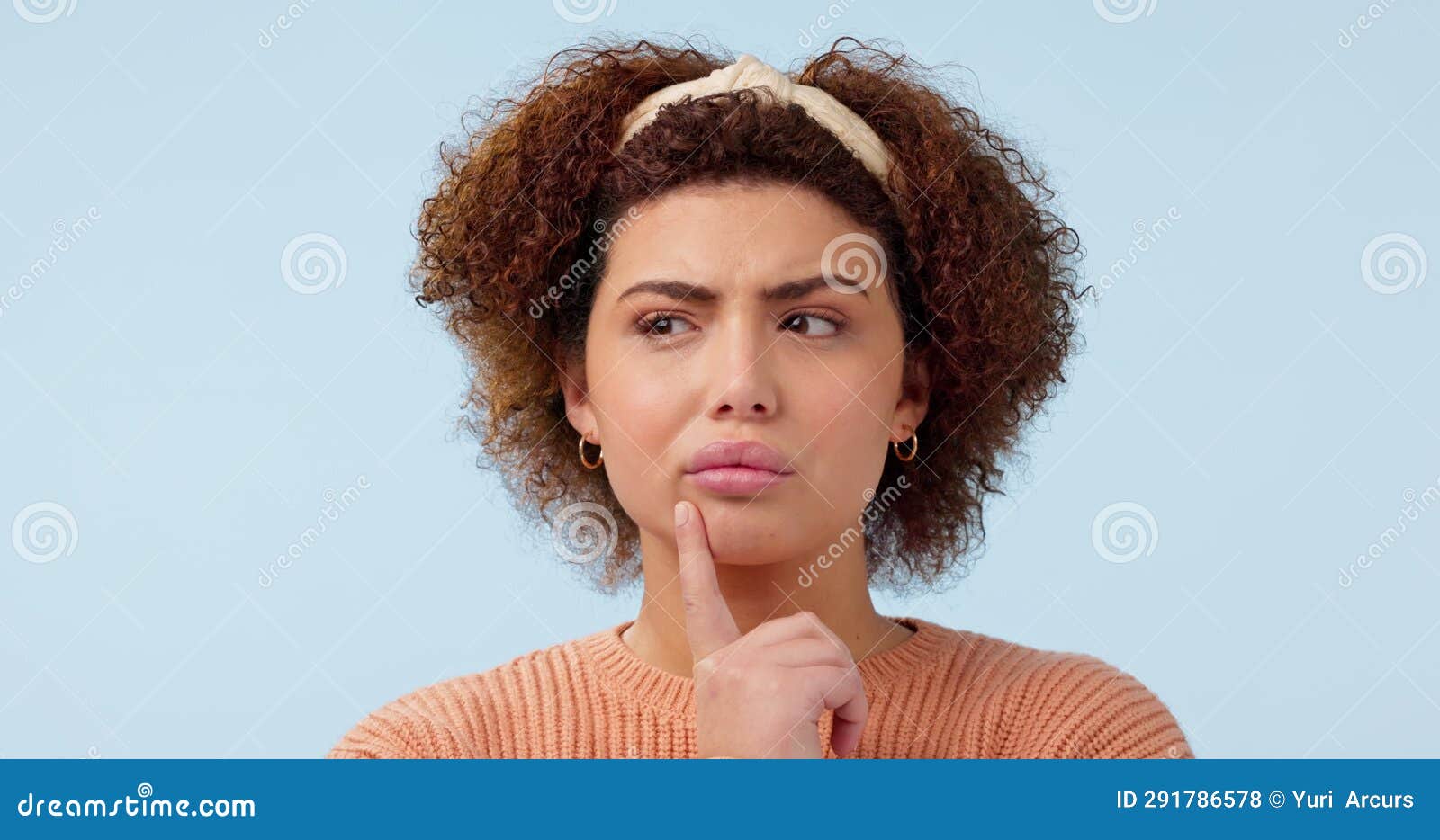 Thinking, Idea and Face of Woman on Blue Background for Brainstorming ...