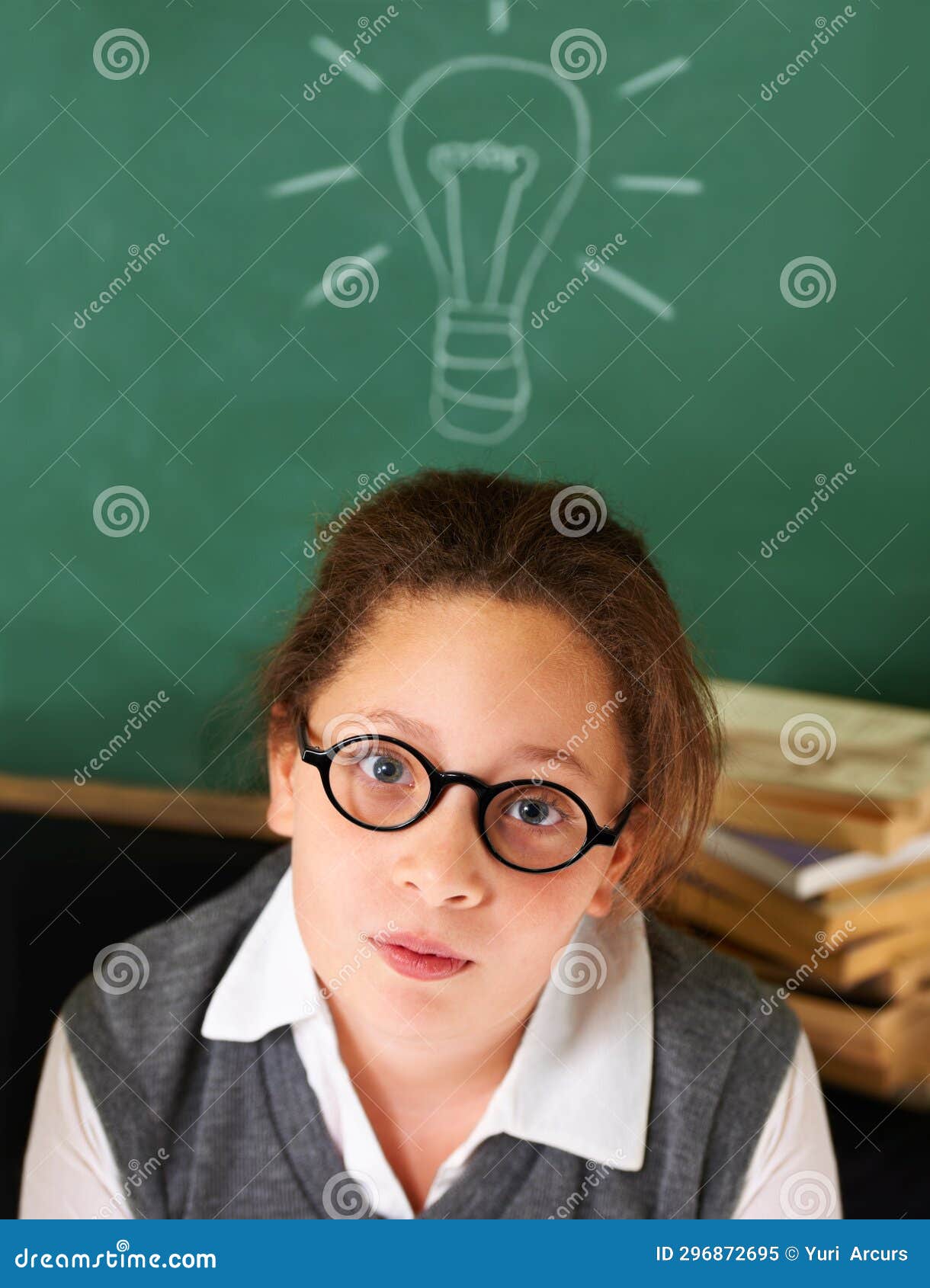 Thinking, Idea and Portrait of Student with Light Bulb on Board for ...