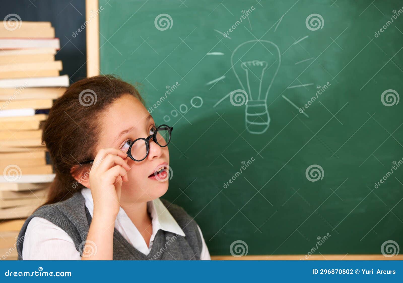 Thinking, Idea and Student with Light Bulb on Board for Planning ...