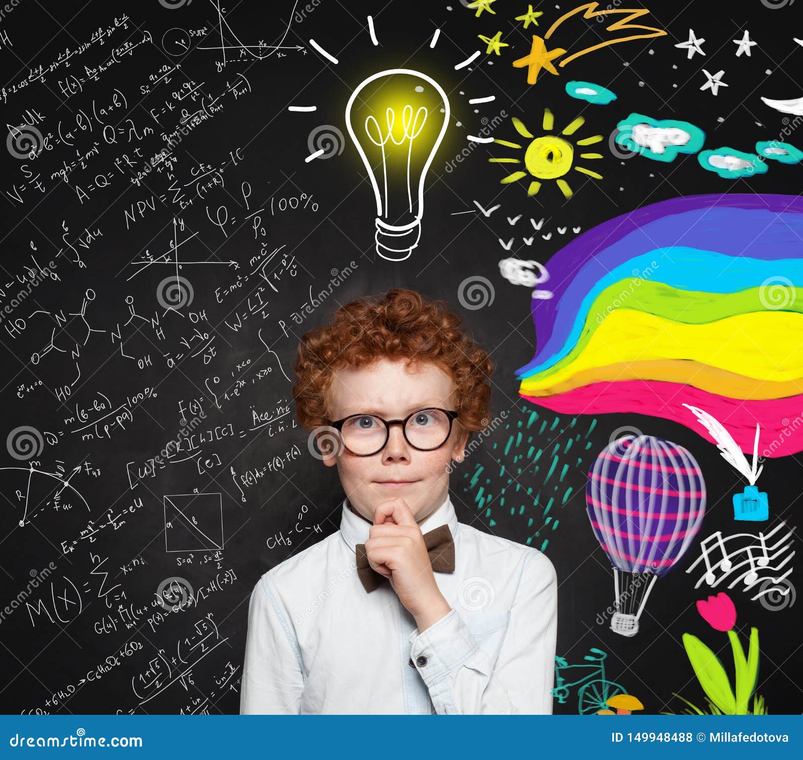 Thinking Kid Boy on Blackboard Background. Brainstorming, Inspiration ...