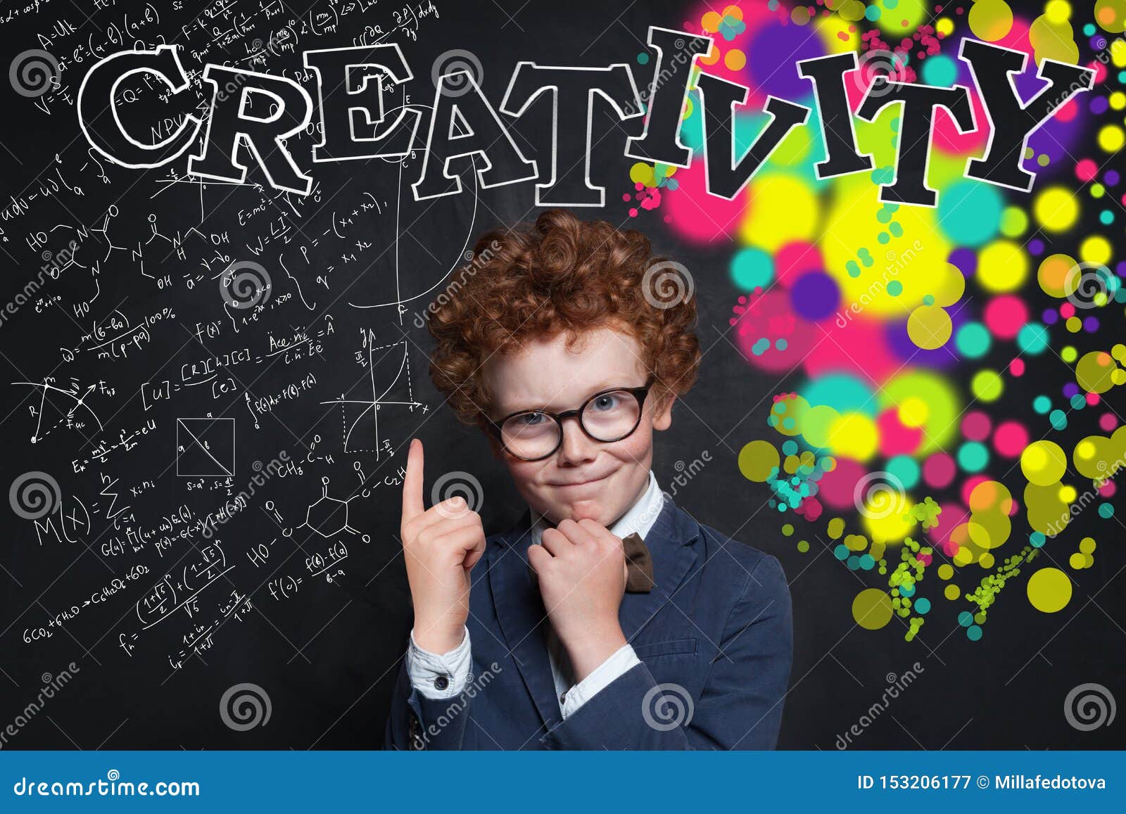 Thinking Kid Boy in Glasses and Blue Suit on Background with Creativity ...