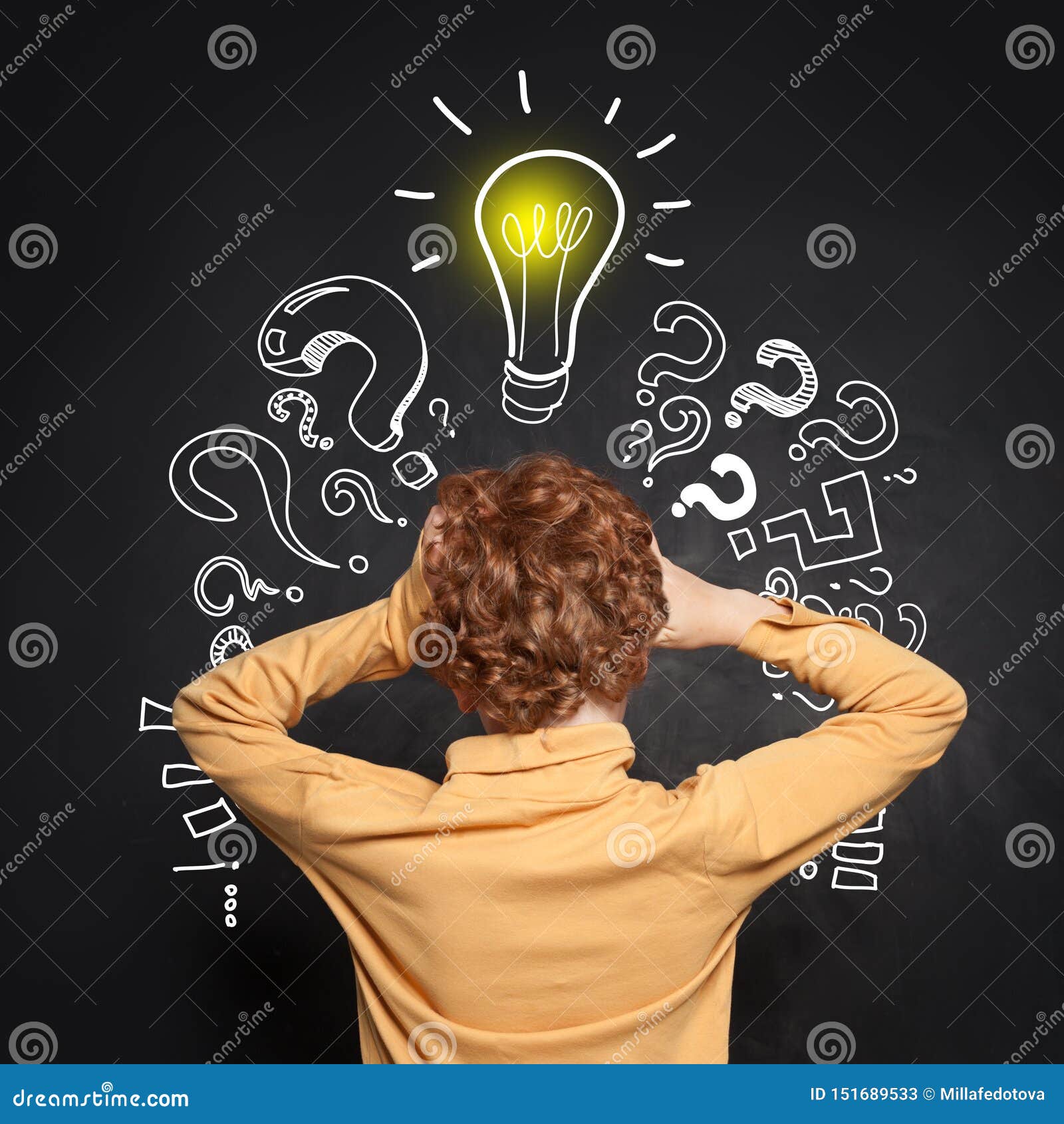 Thinking Kid with Lightbulb and Question Marks. Brainstorming and Idea ...