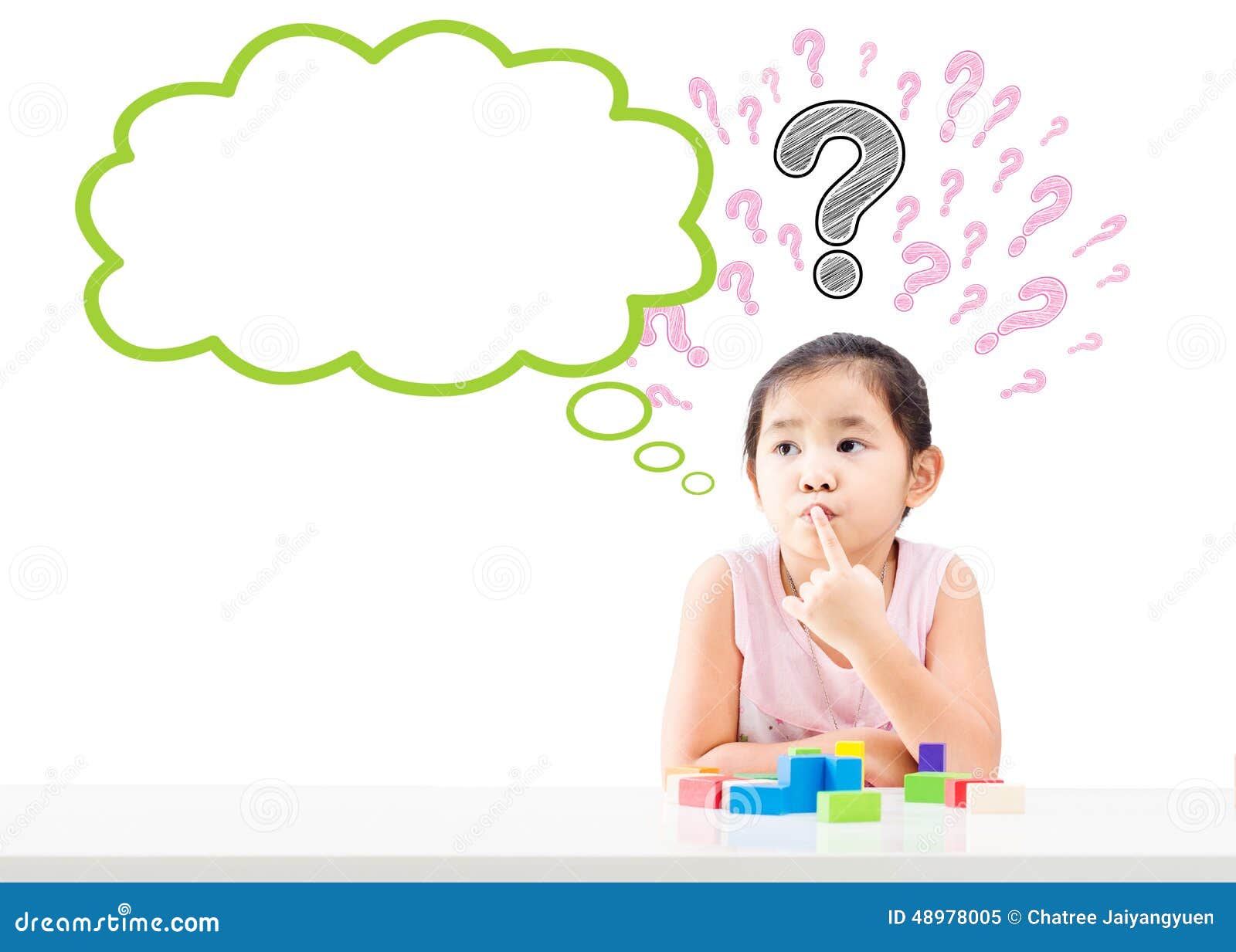 Thinking Little Girl With Bubble And Question Mark Over Head Stock ...