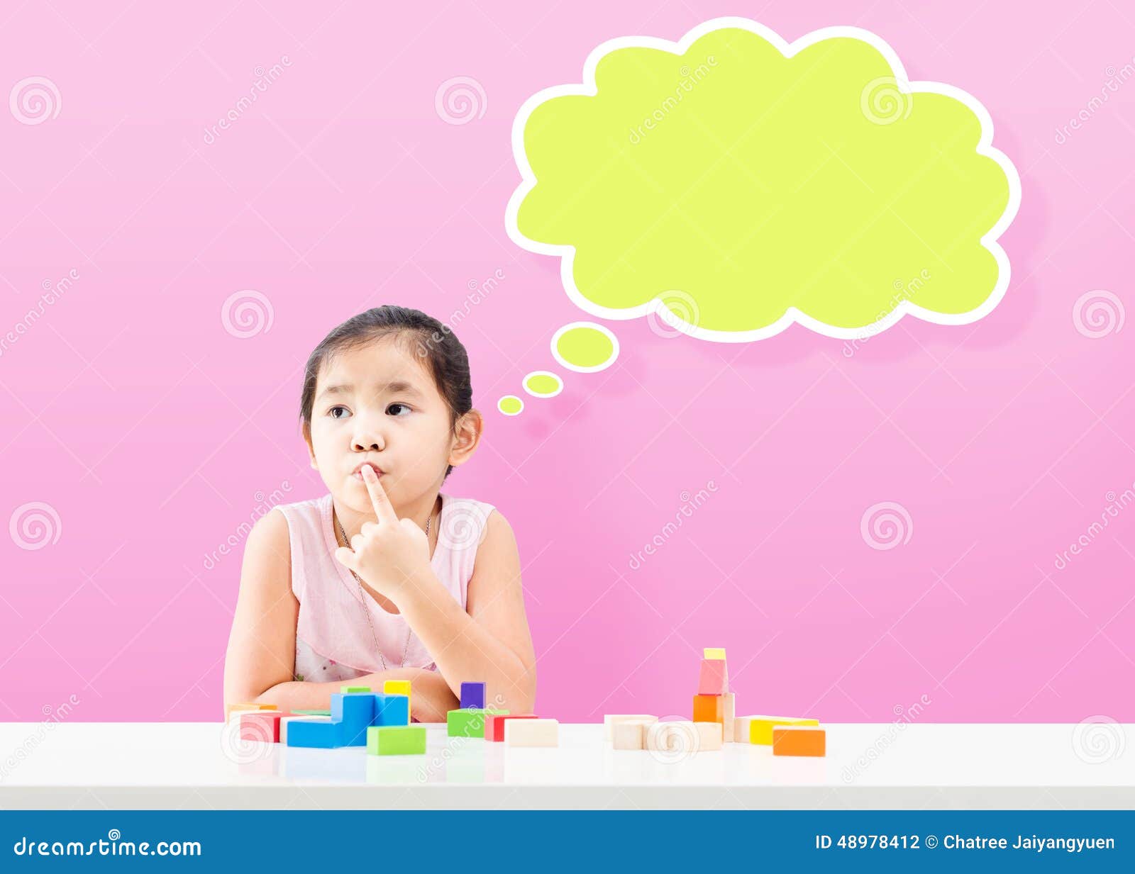 Thinking Little Girl with Empty Bubble and Wooden Building Block Stock ...