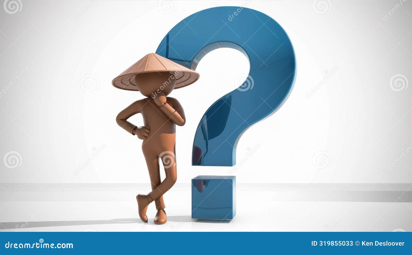 Thinking Man with Asian Hat and Blue Question Mark with Copy-Space ...