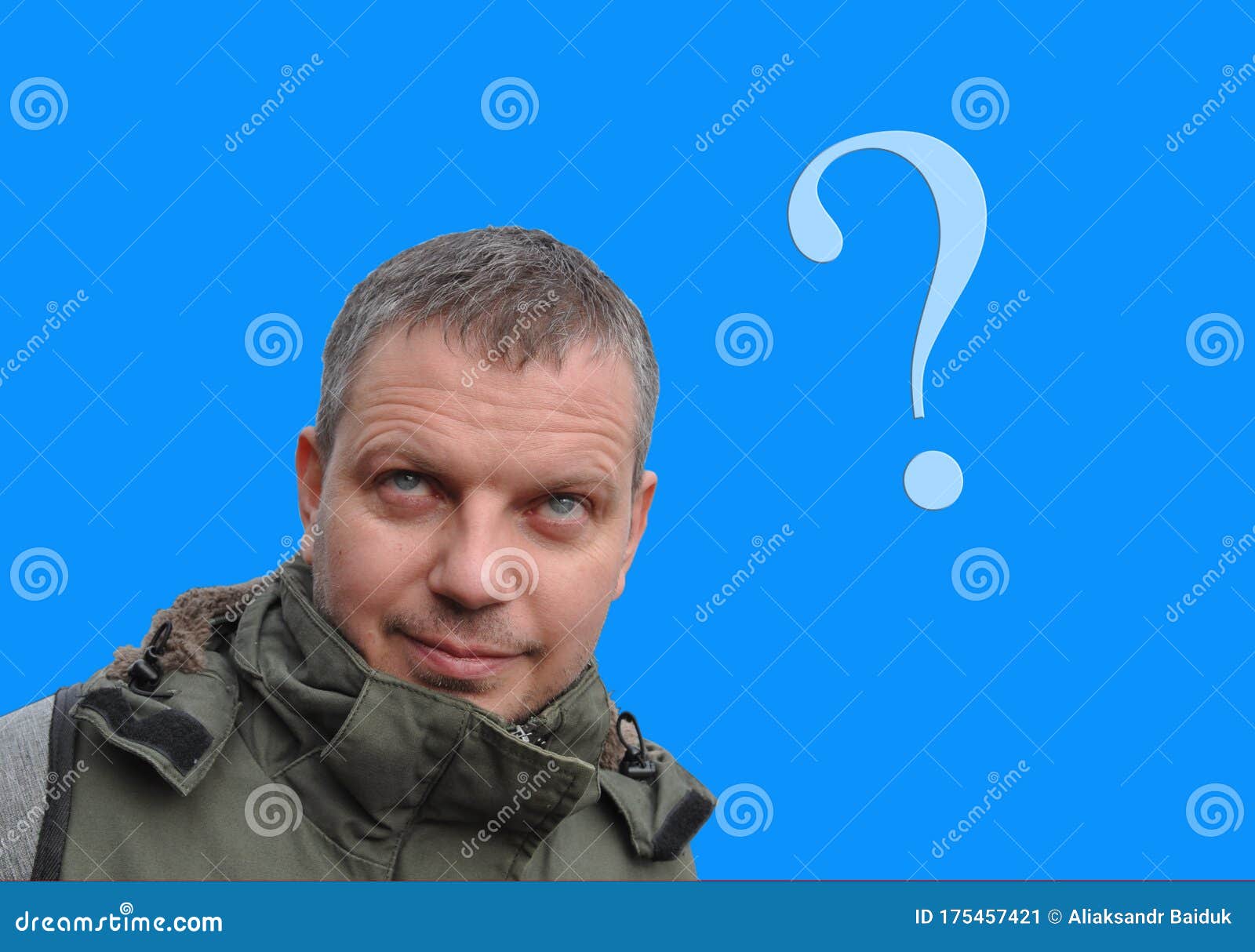 Thinking Man on a Blue Background with a Question Mark Stock Image ...