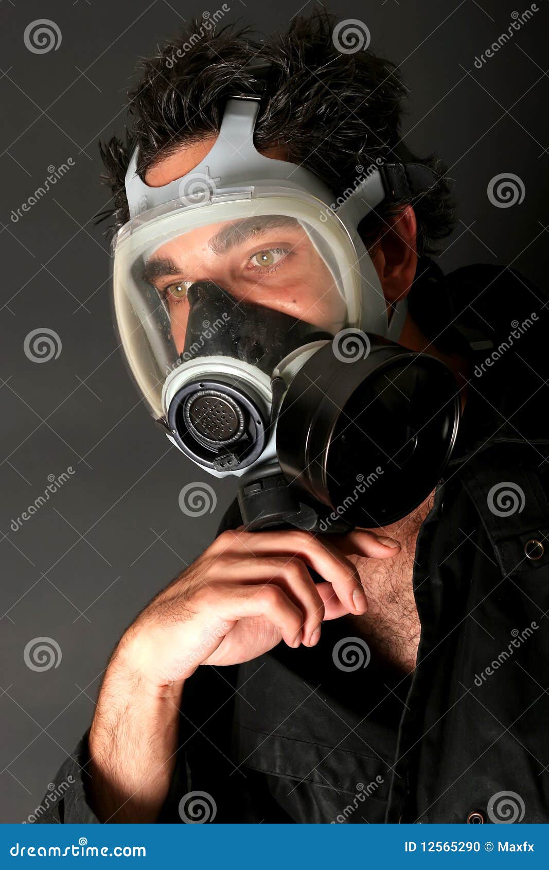 Thinking man with gas mask stock photo. Image of expression - 12565290