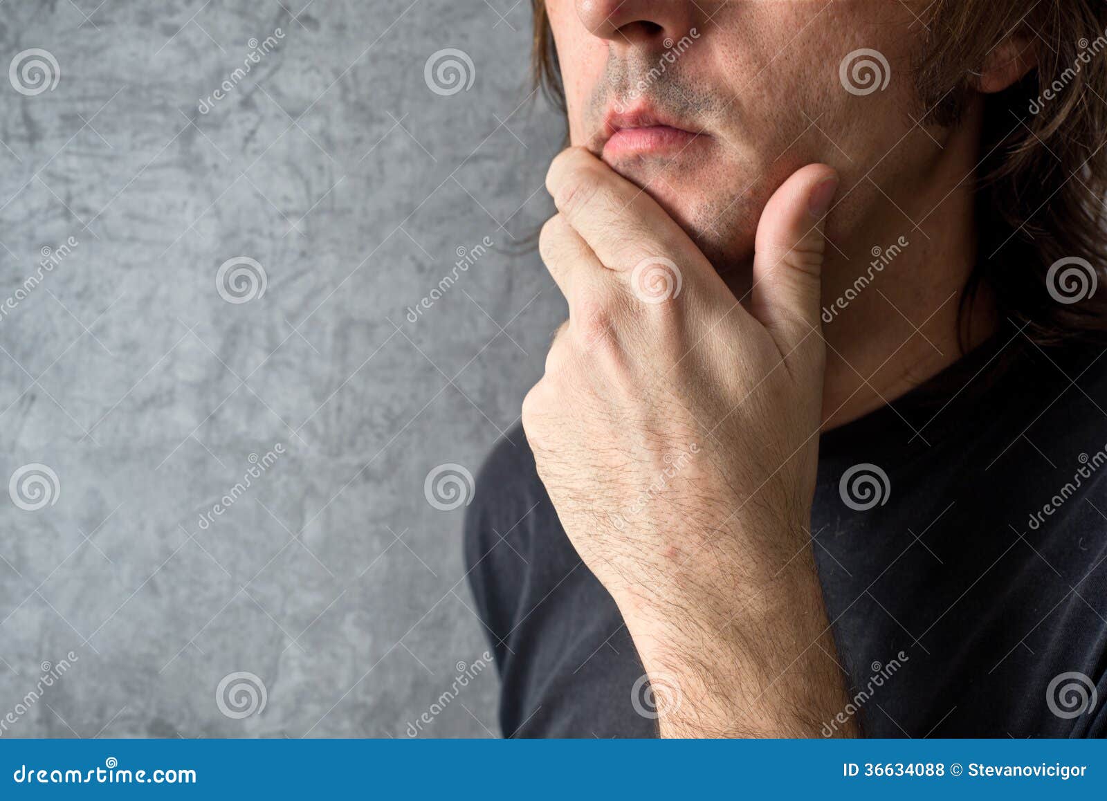 Thinking Man with Hand on His Chin Stock Photo - Image of reflection ...