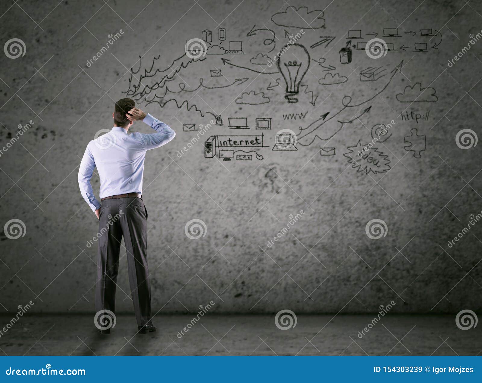 .business Concept, Thinking Man Looking at Drawing Wall Stock Image ...