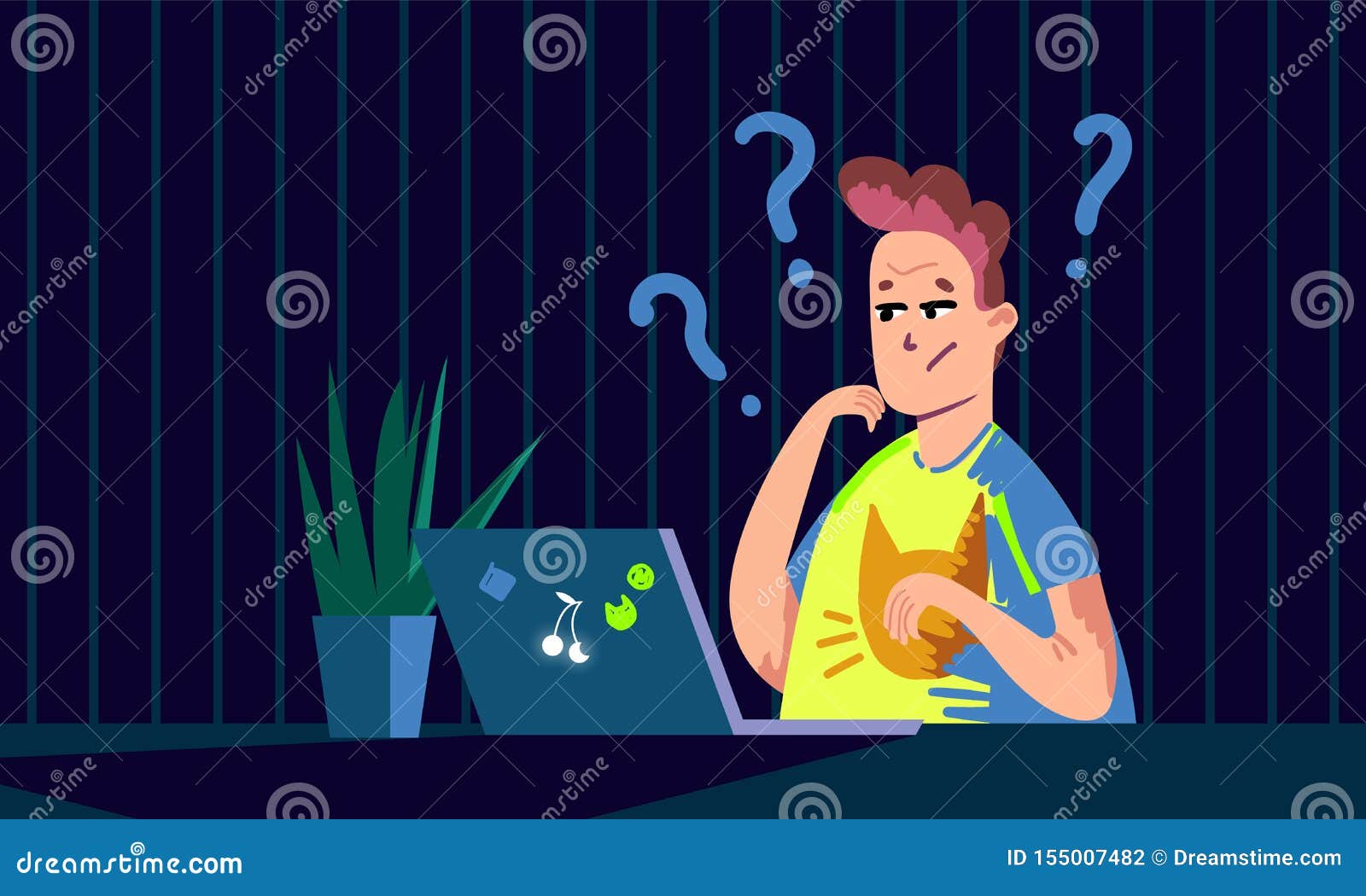 A Thinking Man Sitting at a Computer at Night with Question Marks Over ...