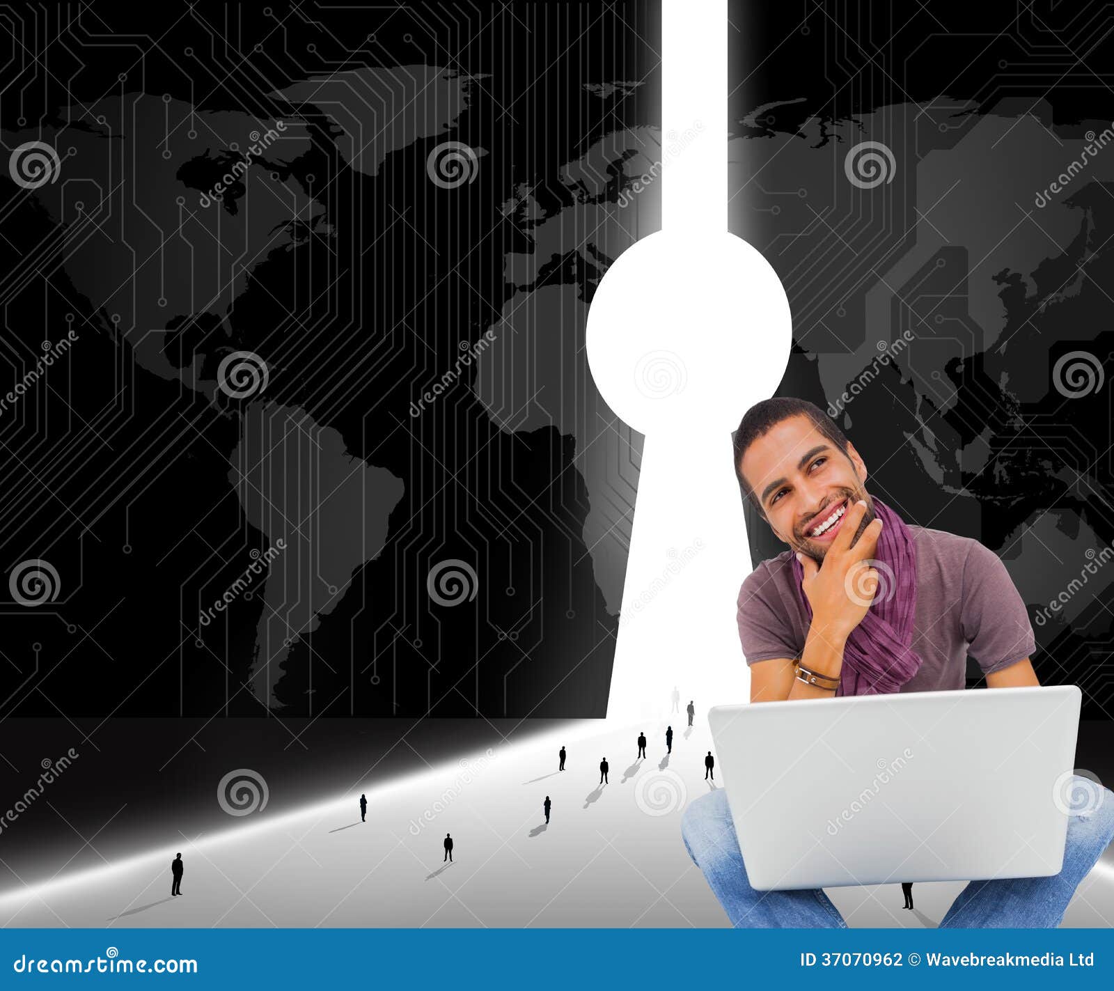 Thinking Man Sitting on Floor Using Laptop and Smiling Stock Photo ...