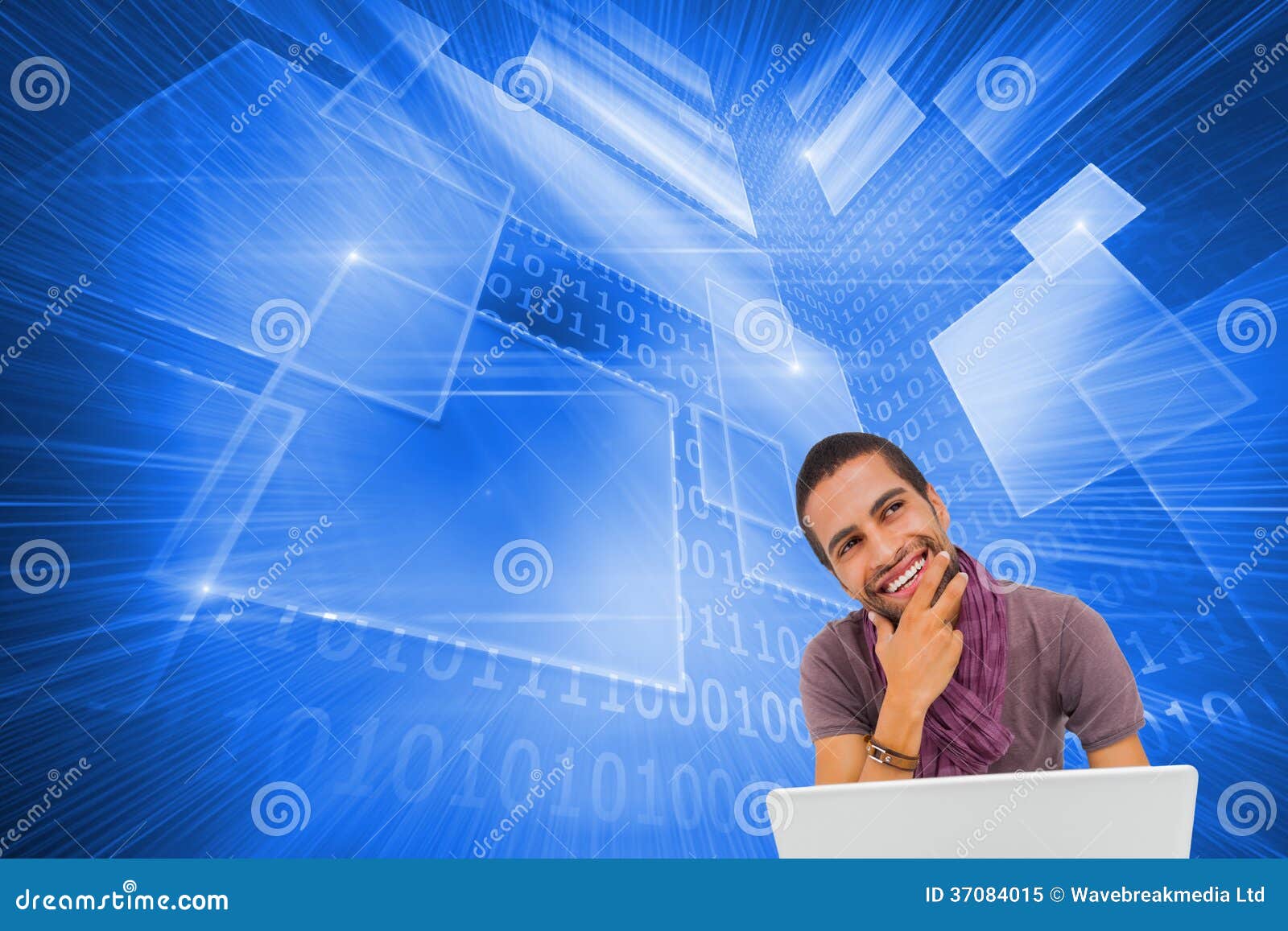 Thinking Man Sitting on Floor Using Laptop and Smiling Stock Image ...