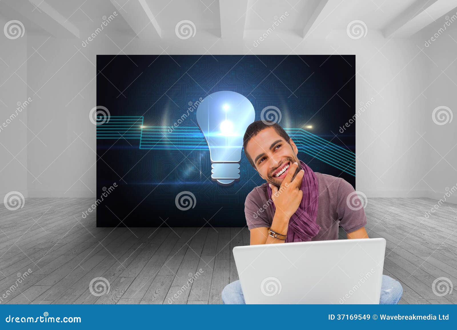 Thinking Man Sitting on Floor Using Laptop and Smiling Stock Image ...