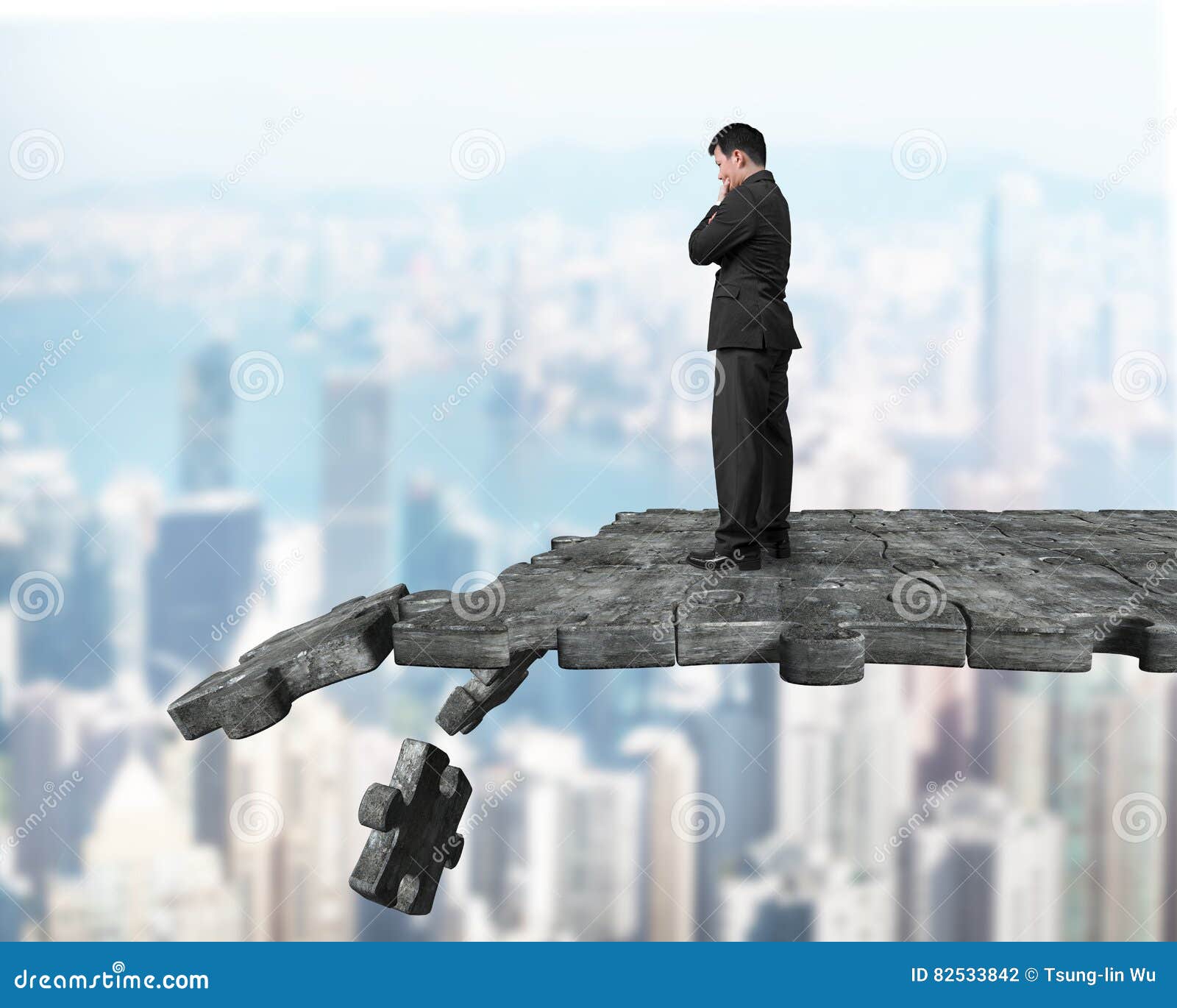 Thinking Man Standing on Breaking Puzzle Ground Stock Photo - Image of ...