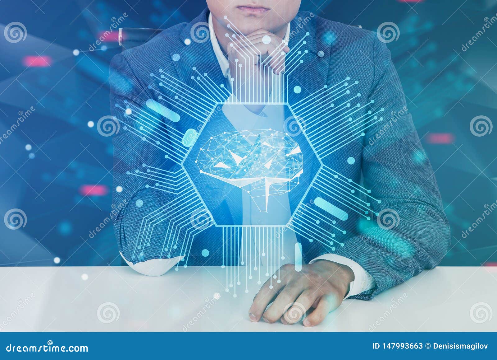 Thinking Man at Table, AI Interface Stock Image - Image of concept ...