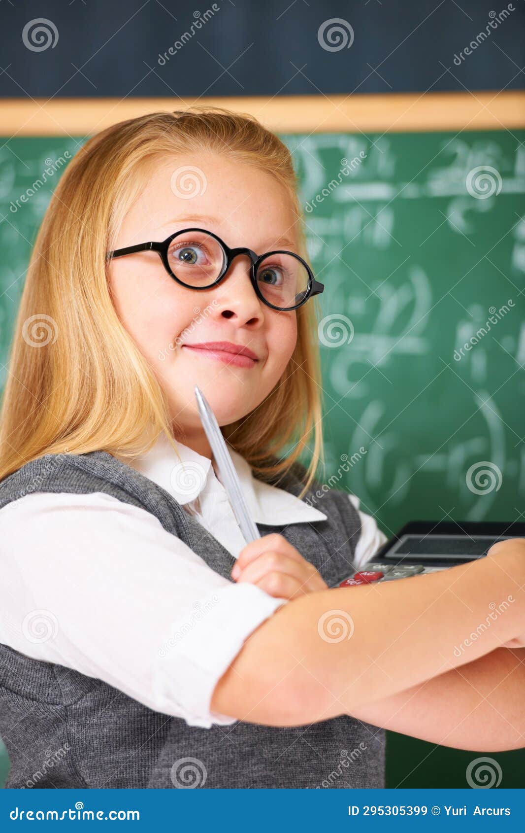 Thinking, Math and Child Student in Classroom with Idea, Solution or ...