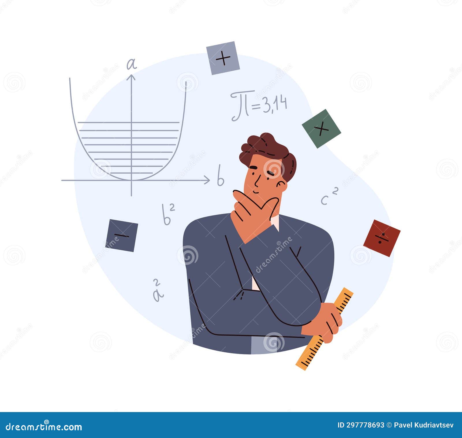 Thinking Math Man, Vector Illustration Isolated on White, Flat Cartoon ...