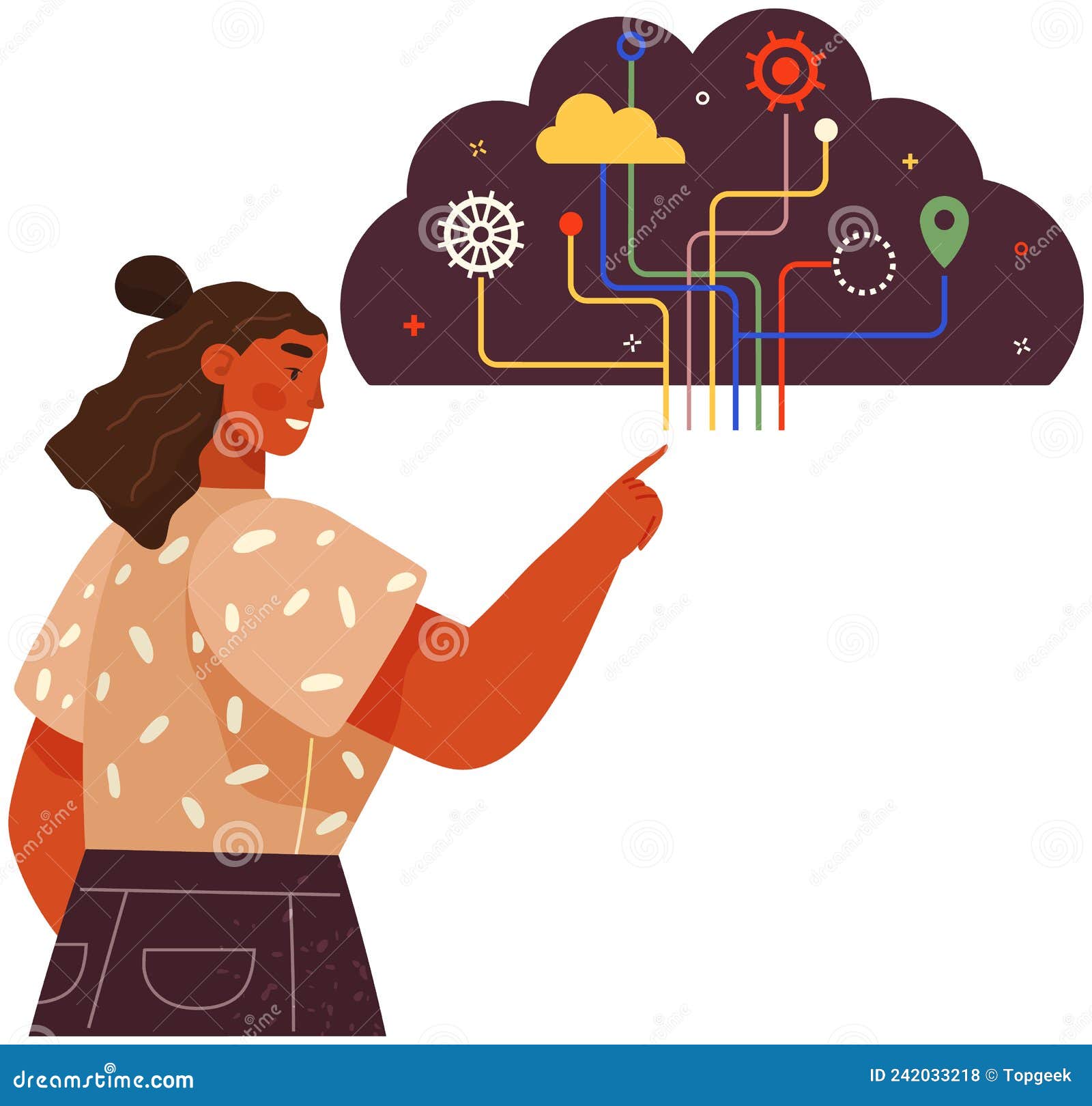 Lady Points To Thoughts in Shape of Cloud. Woman Working with ...