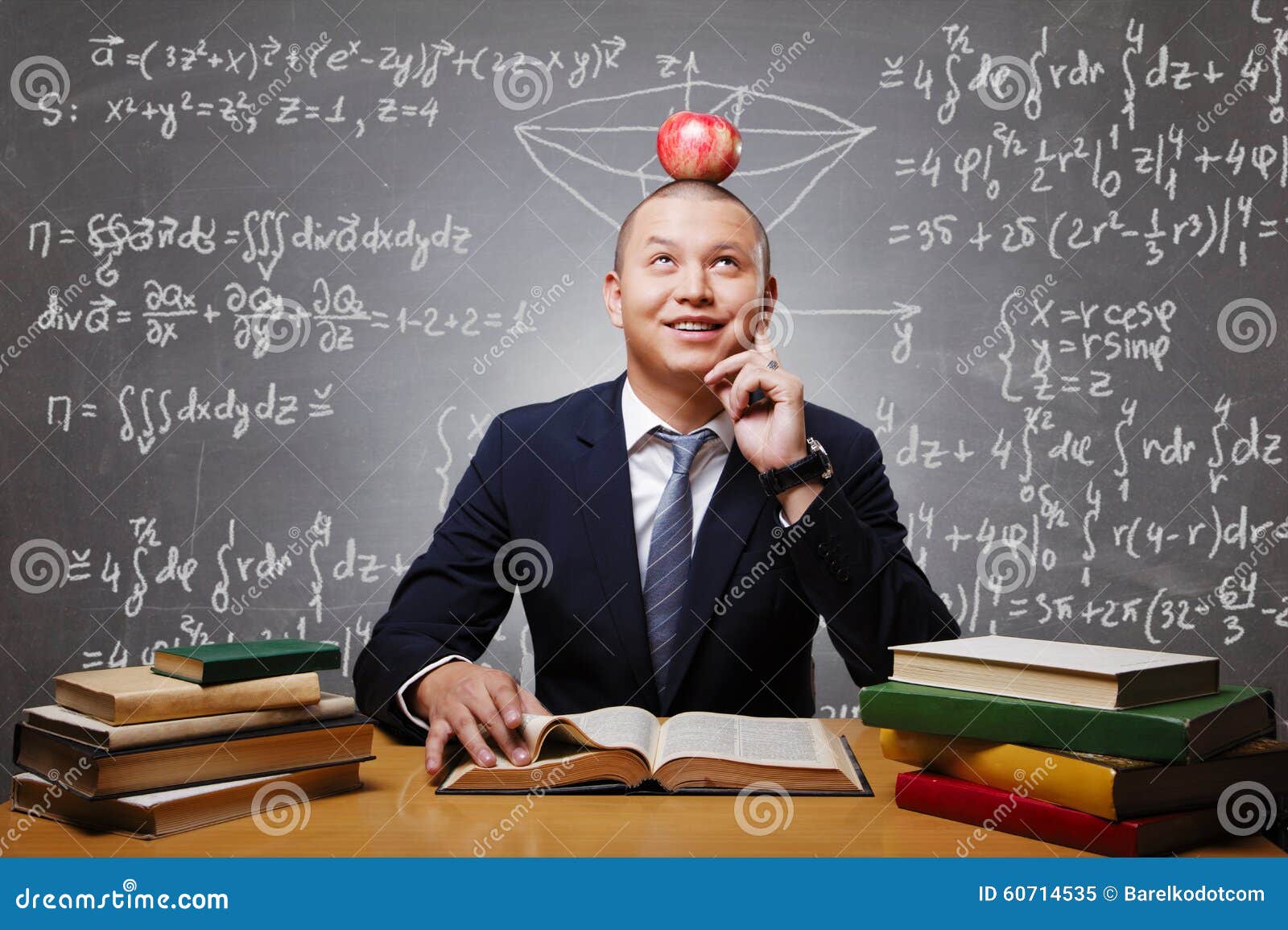 Thinking Miling Student with Apple on Head Preparing To Test. Stock ...