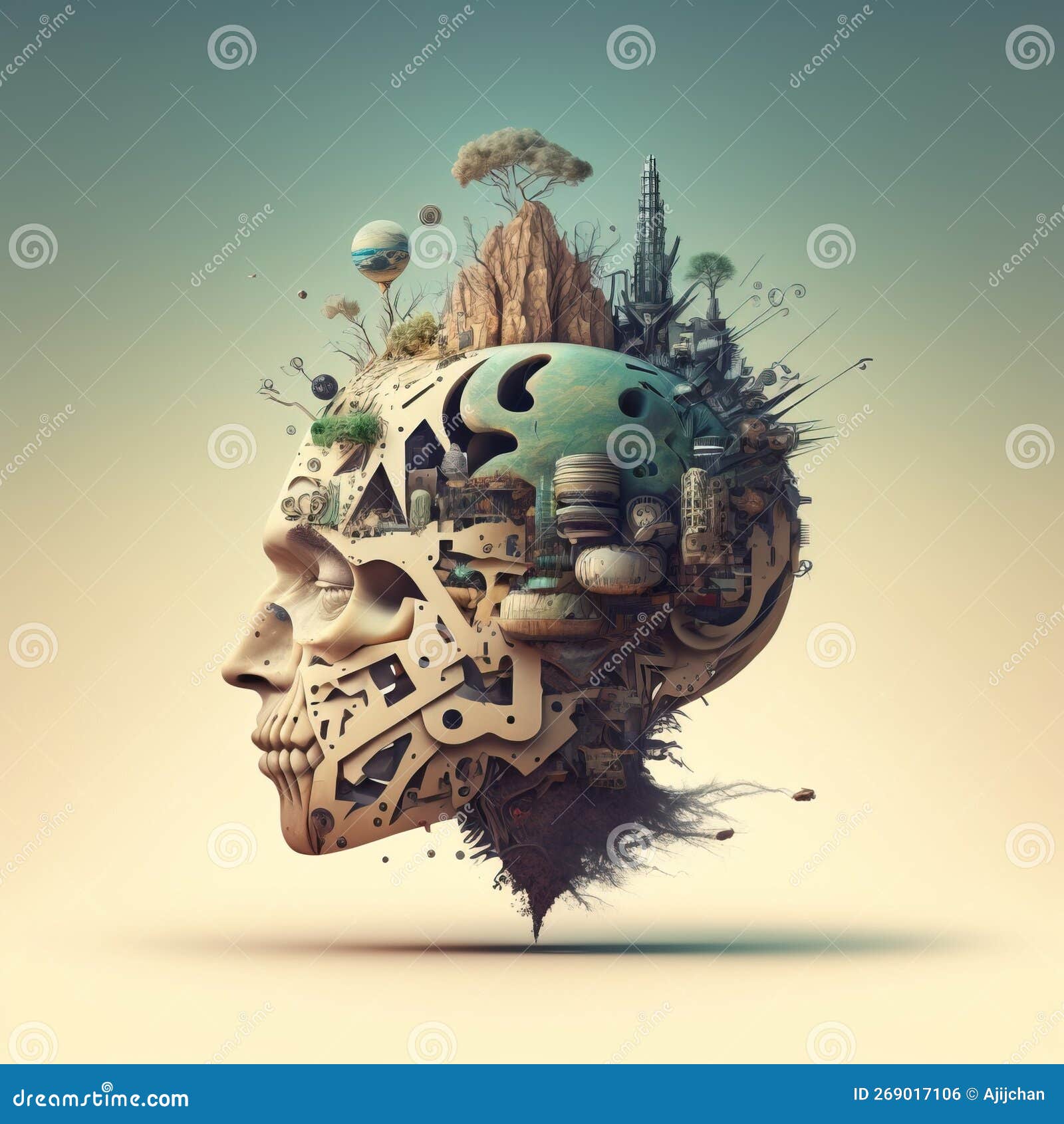 A Thinking Mind with a Collage of Different Thoughts Stock Illustration ...