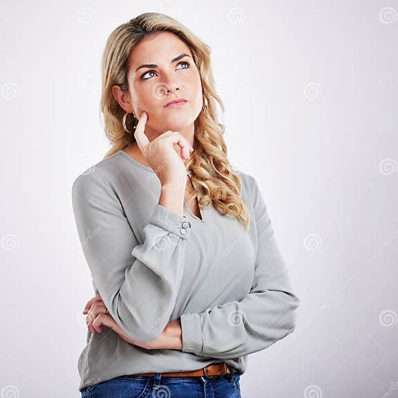 Thinking, Mind and Problem Solving with a Woman on a Gray Background in ...