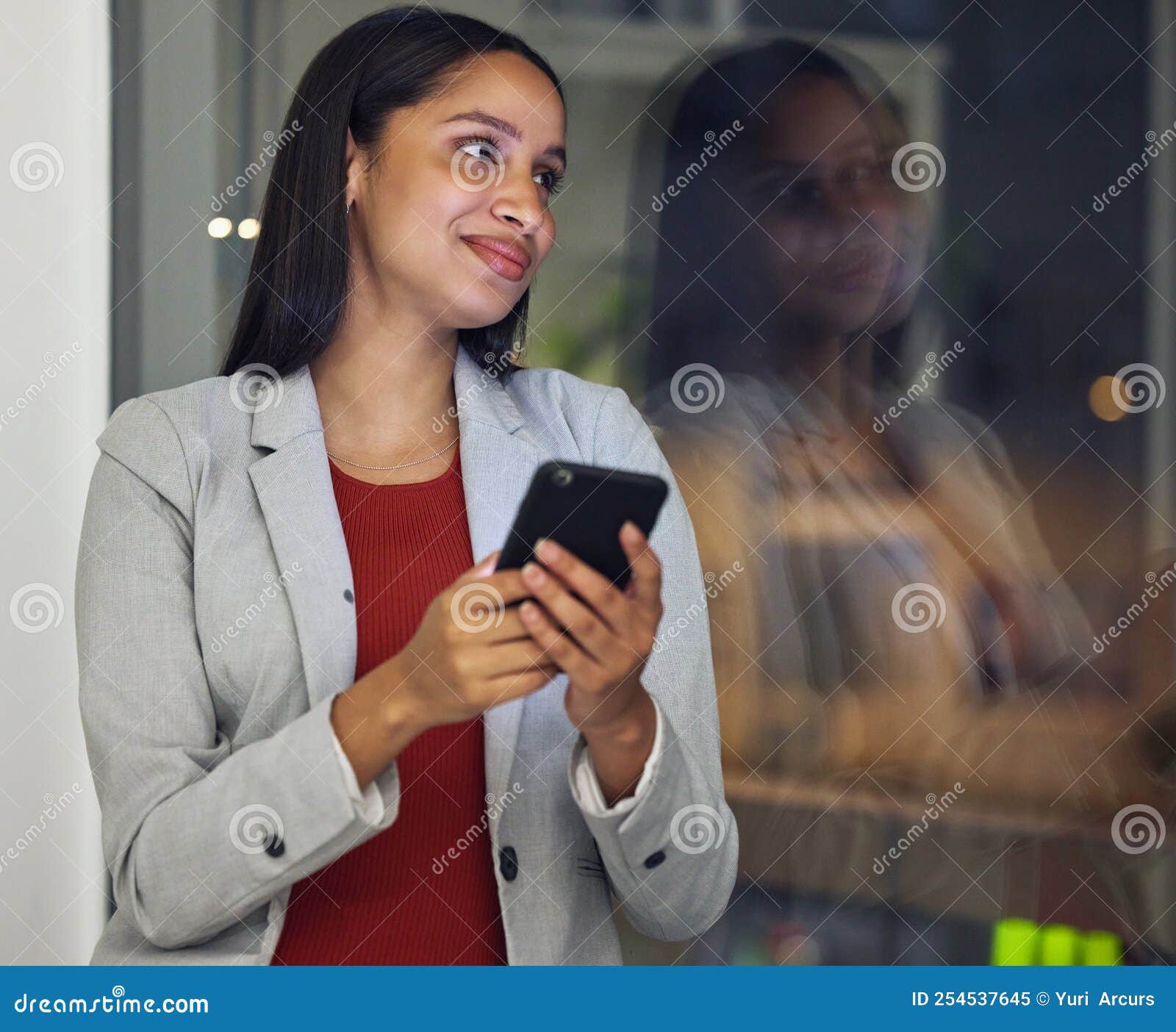 Thinking, Phone and Smiling Woman Texting, Browsing the Internet or ...