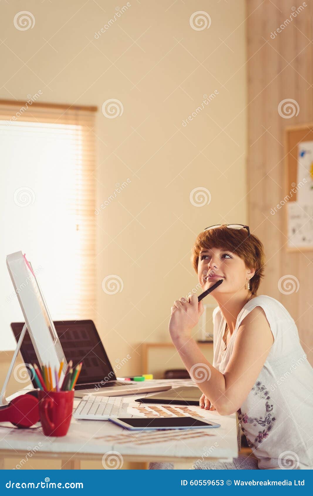 Thinking Photographer Looking Up at Her Desk Stock Image - Image of ...