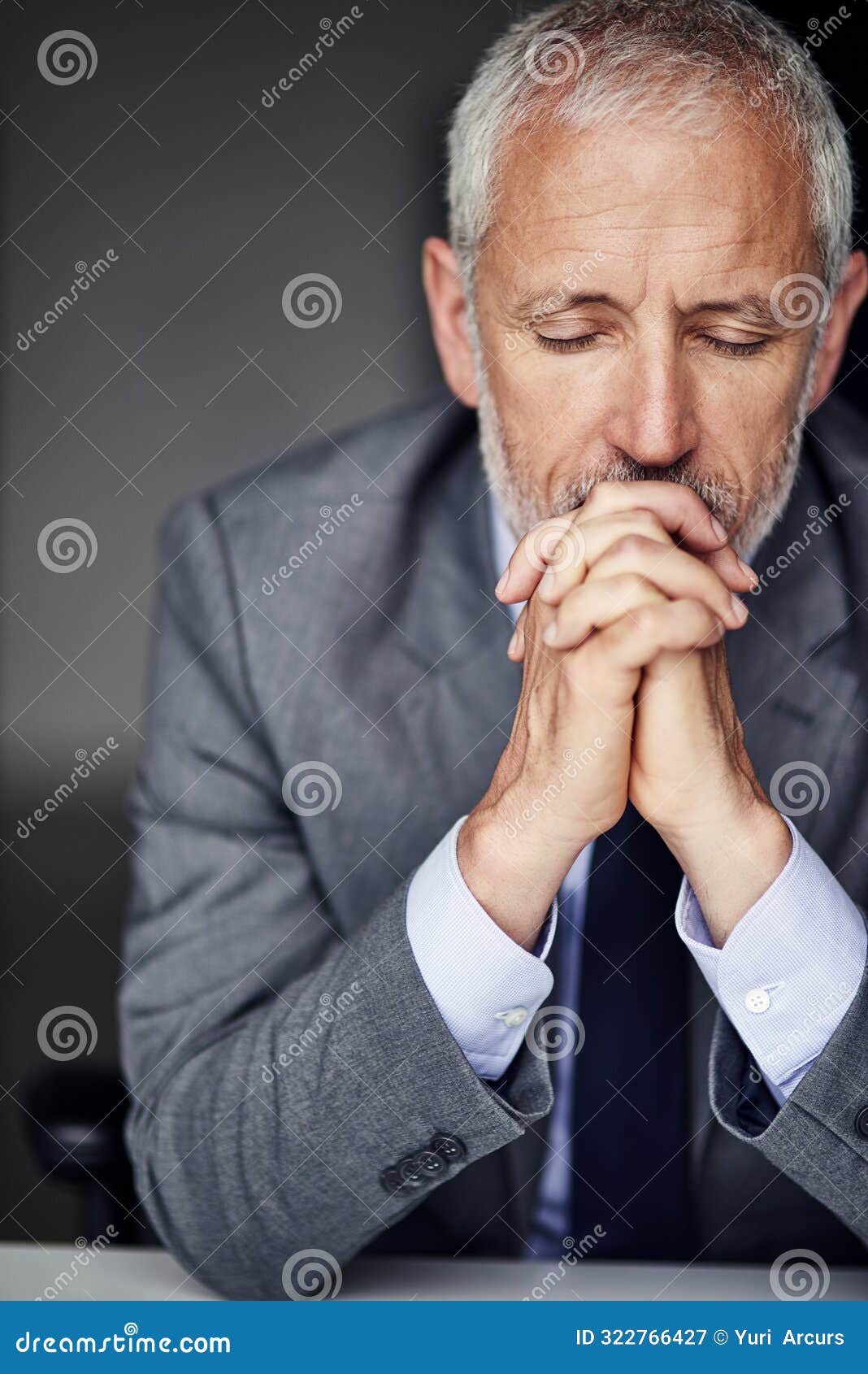 Thinking, Prayer and Mature Man in Office with Calm Mindset, Hope and ...