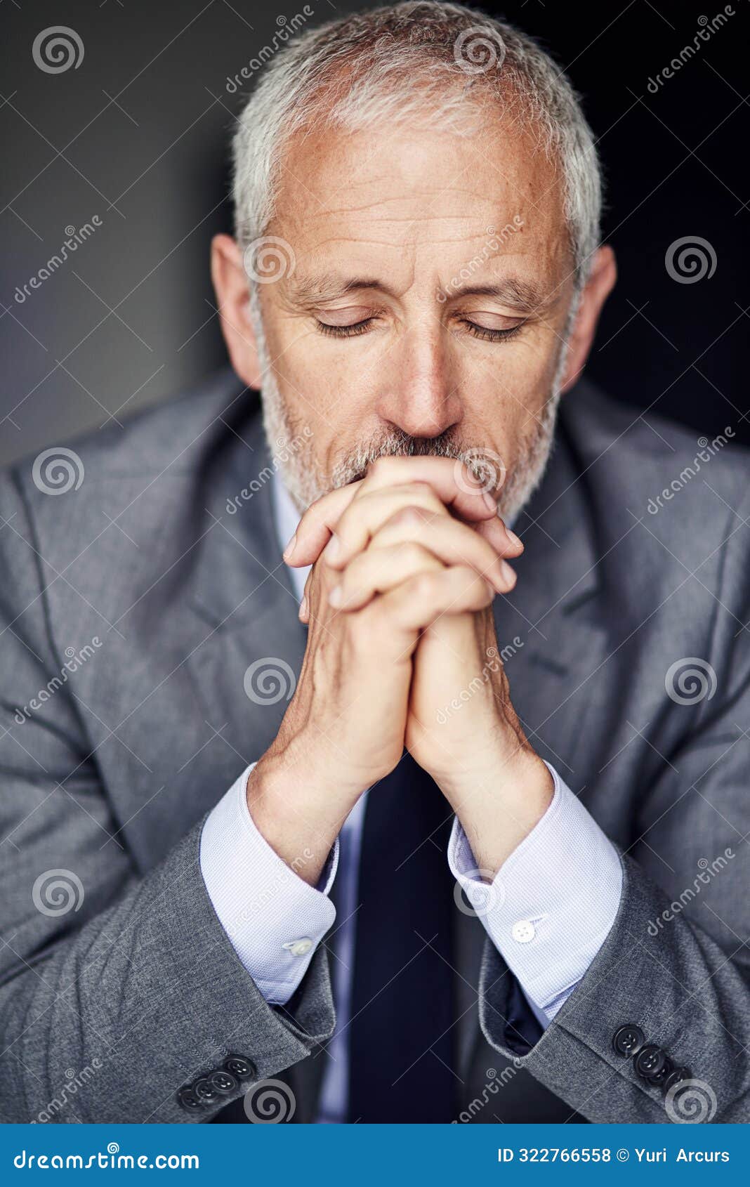 Thinking, Praying Hands and Mature Man in Office with Calm Mindset ...