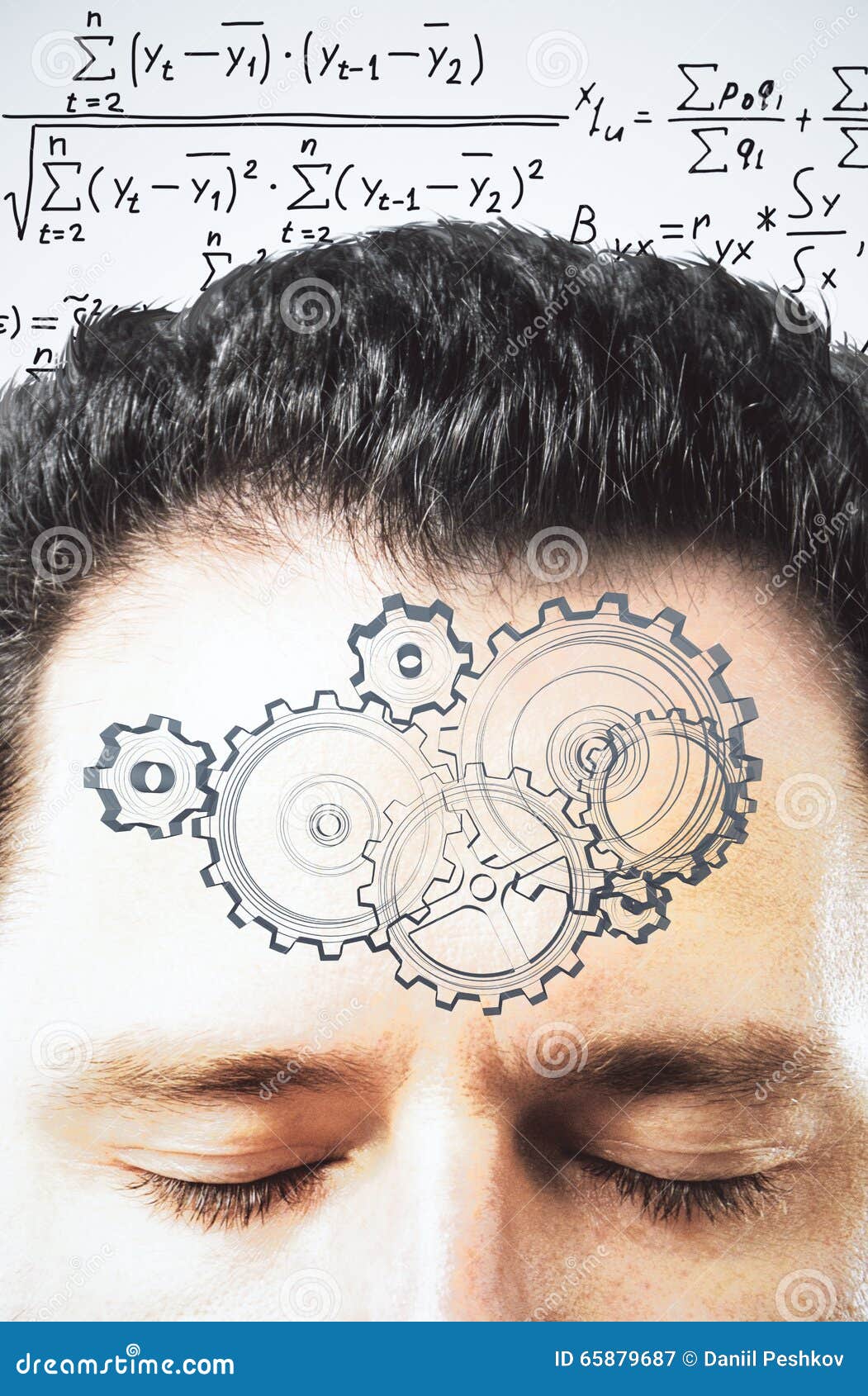 Thinking Process Concept with Gears on Man Forehead at Equations Stock ...