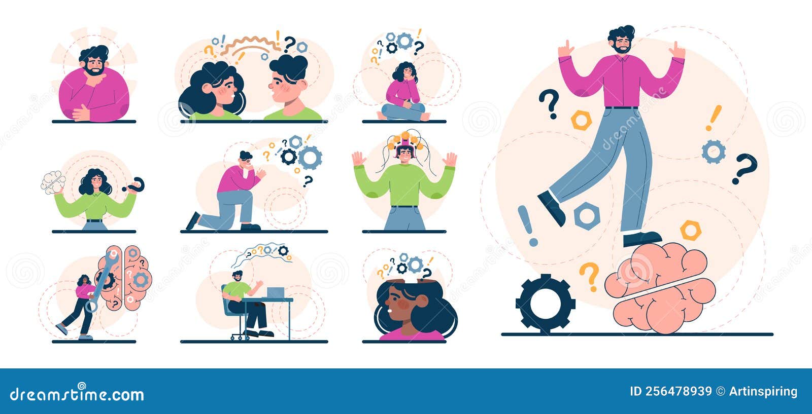 Thinking Process Set. Character Full of Thoughts Searching for an ...