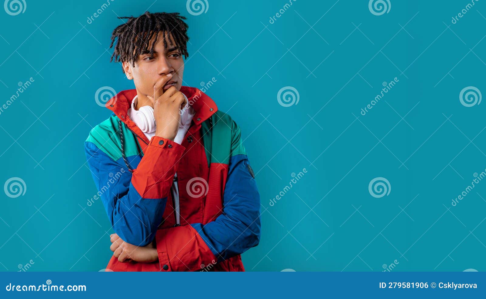 Thinking Puzzled Man on Blue Background. Guy Looking for Answer, Copy ...