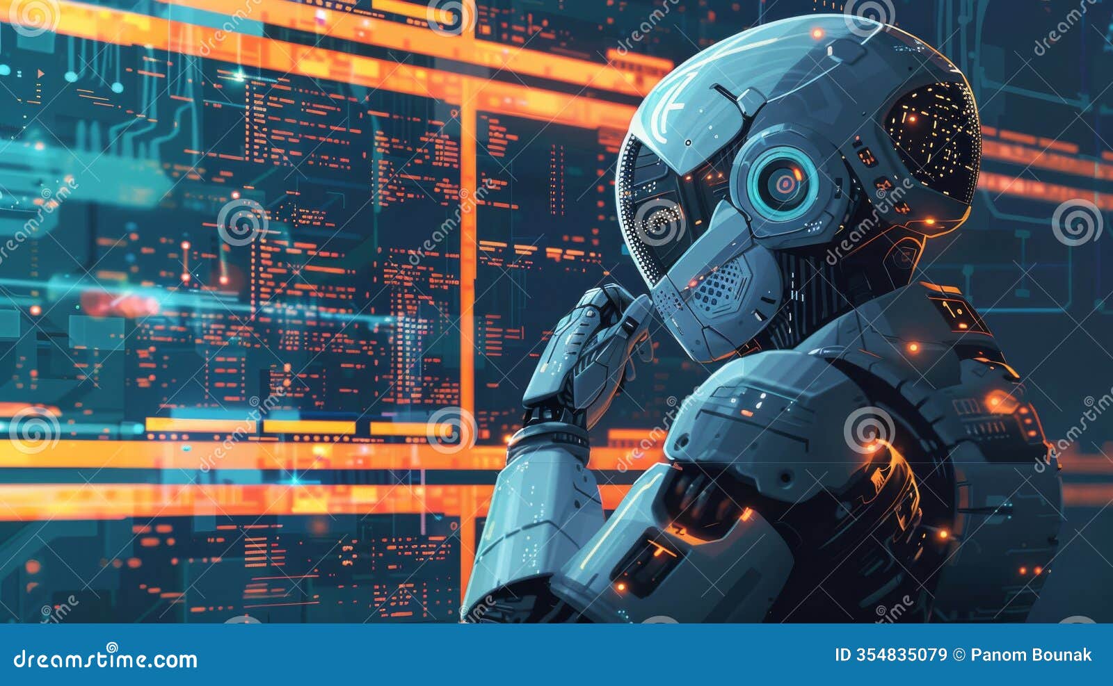 Thinking Robot with Data Screen Artificial Intelligence Machine ...