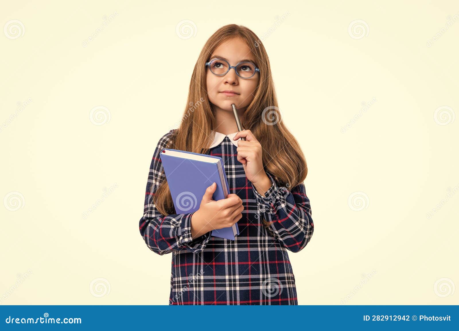 Thinking School Girl Reader Hold Diary in Studio. School Girl Reader ...