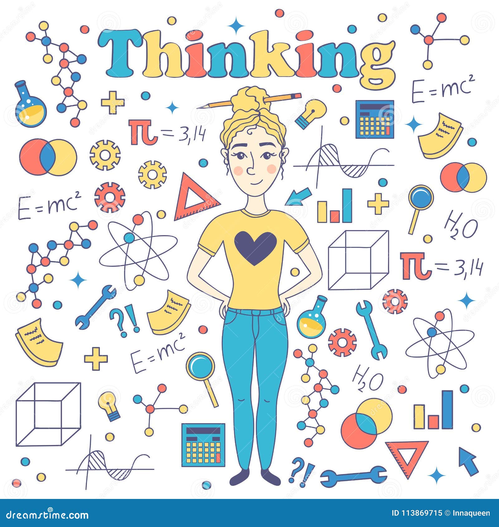 Thinking. Scientific Illustration in Cartoon Style with Smart Girl ...