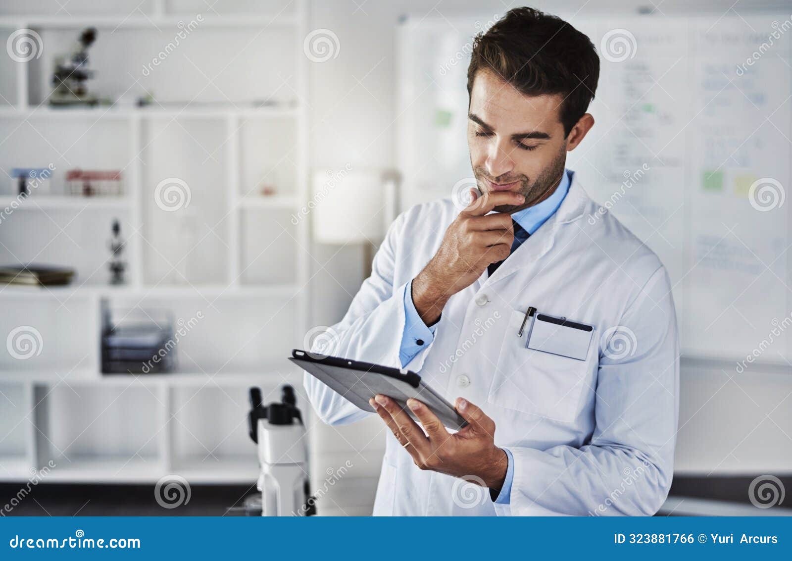 Thinking, Scientist and Man with Tablet in Lab for Research, Data ...