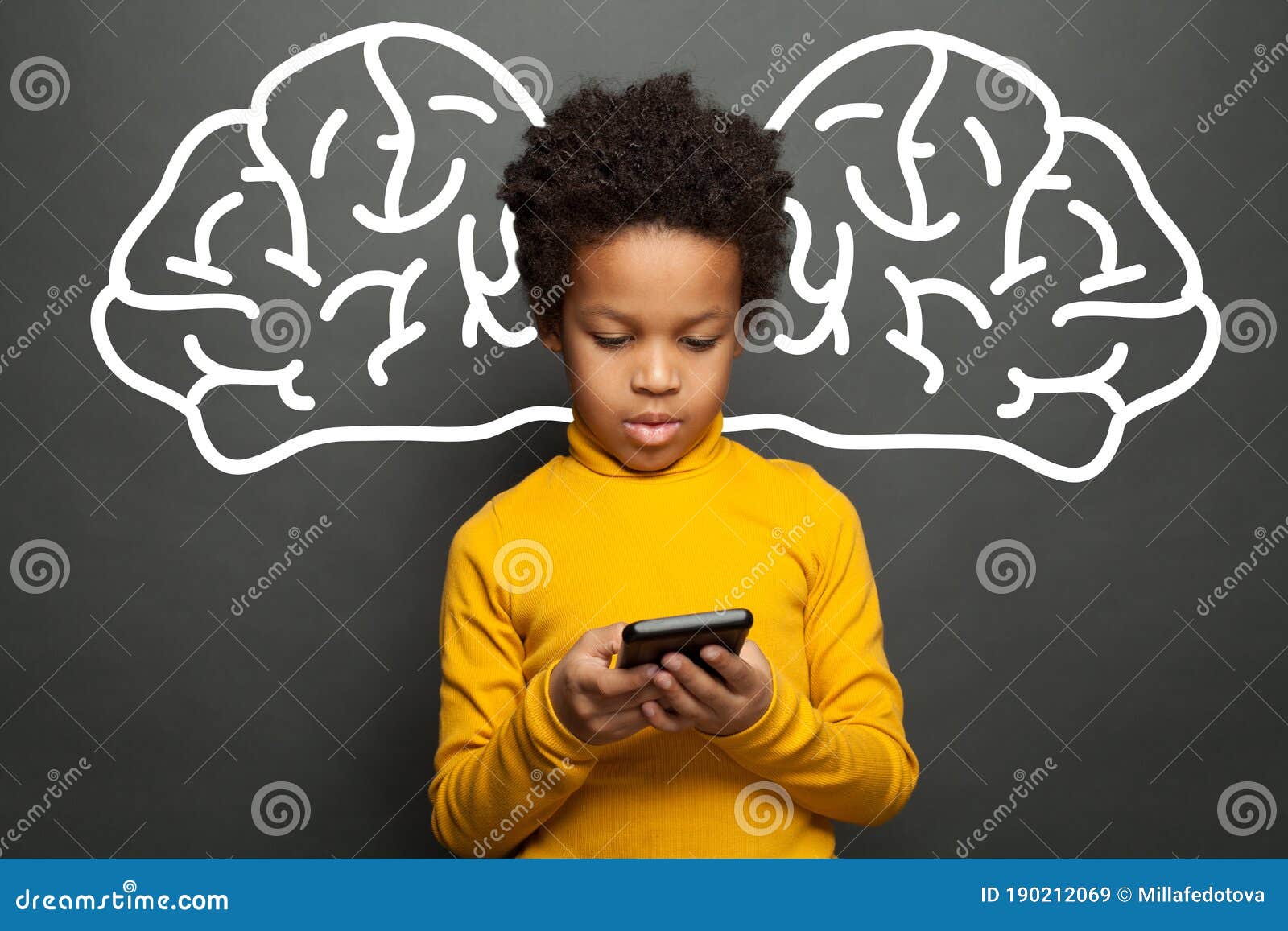 Thinking Smart Black Child Using Smartphone, Brainstorming and ...