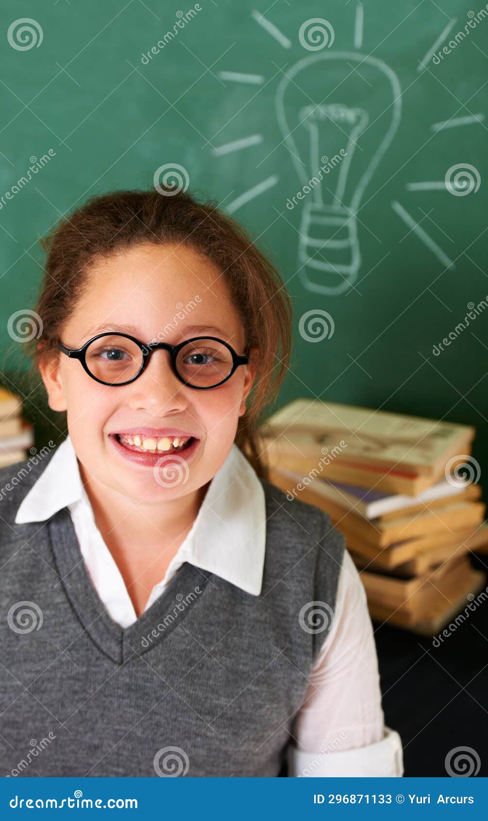 Thinking, Smile and Student with Light Bulb on Board for Planning ...