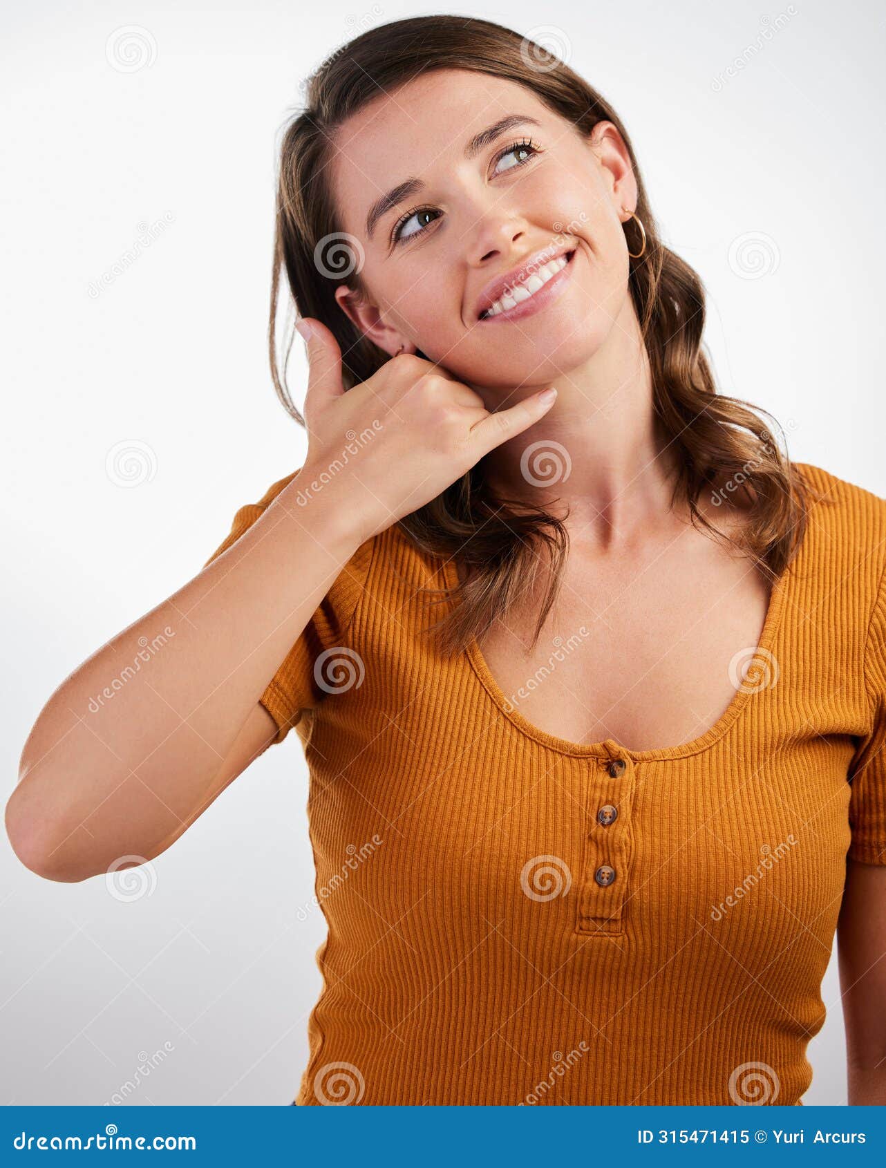 Thinking, Smile and Woman with Call Me Hands in Studio with Memory ...