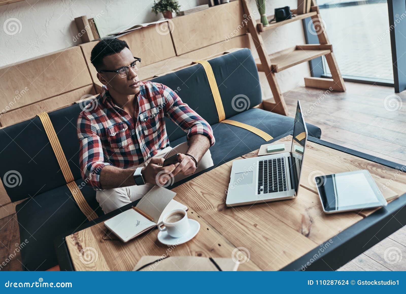 Thinking about Solution. Top View of Thoughtful Young Man Using Stock ...