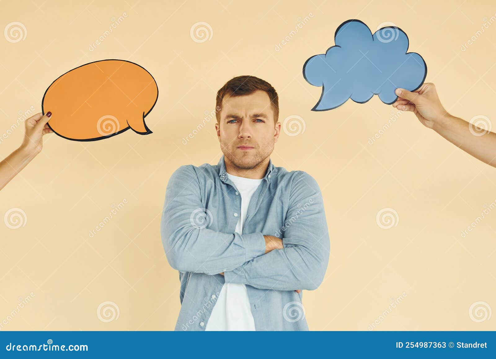 Thinking about Two Ideas. Man Standing in the Studio with Empty Signs ...