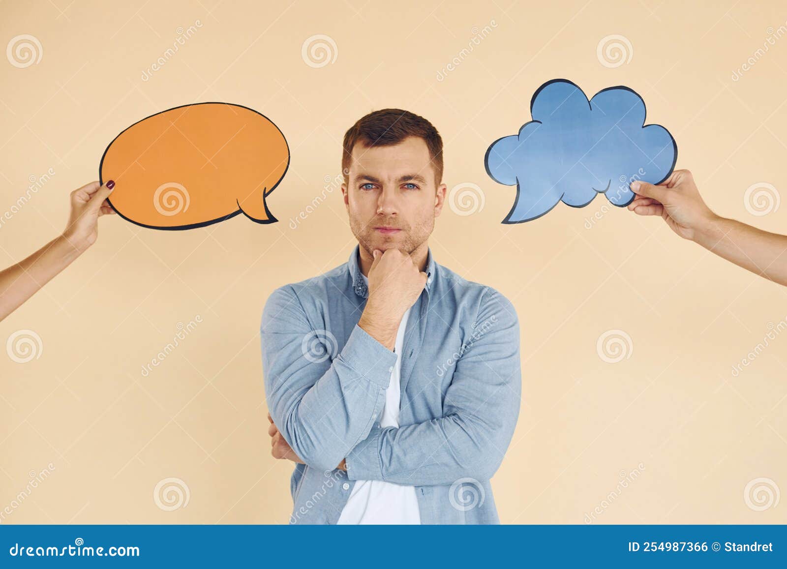 Thinking about Two Ideas. Man Standing in the Studio with Empty Signs ...