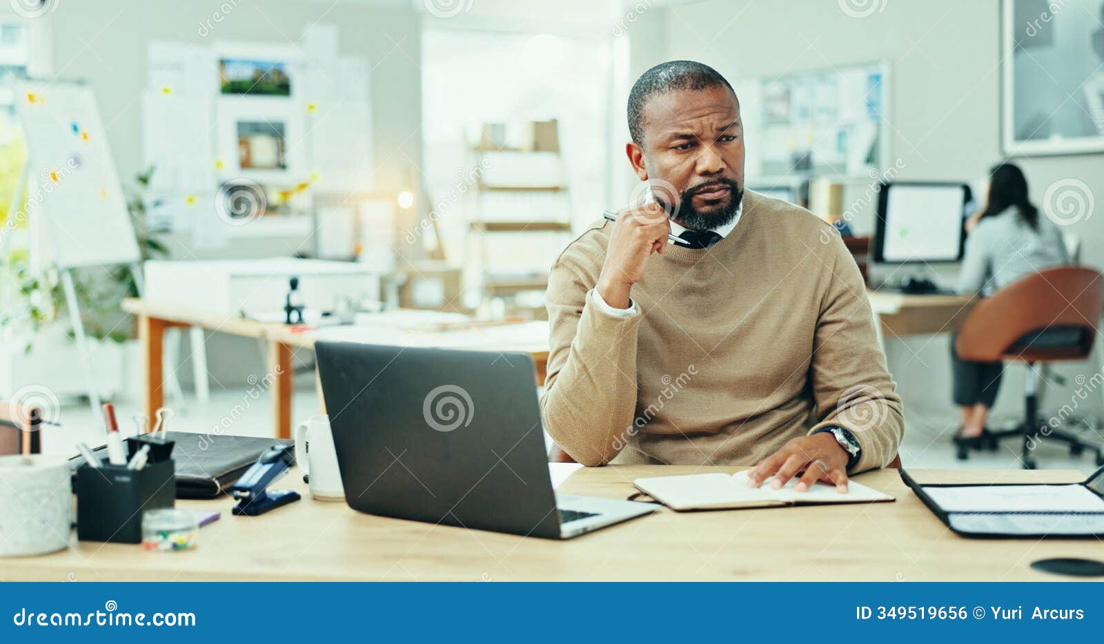 Thinking, Vision and Laptop with Business Man in Office for Design ...