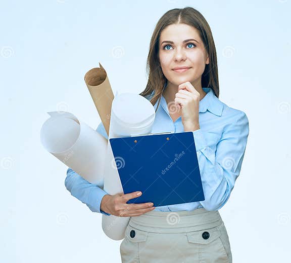 Thinking Woman Architect Holding Paper Blueprints Stock Image - Image ... Thinking Woman Architect Holding Paper Blueprints Stock Image - Image ...