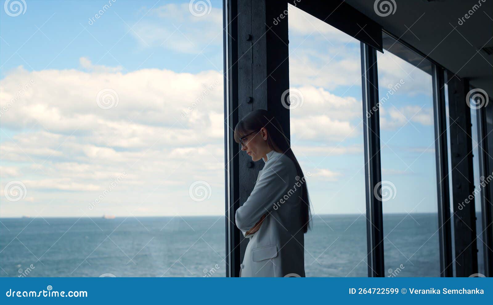 Thinking Woman Contemplating Problems at Panorama Window. Focused ...