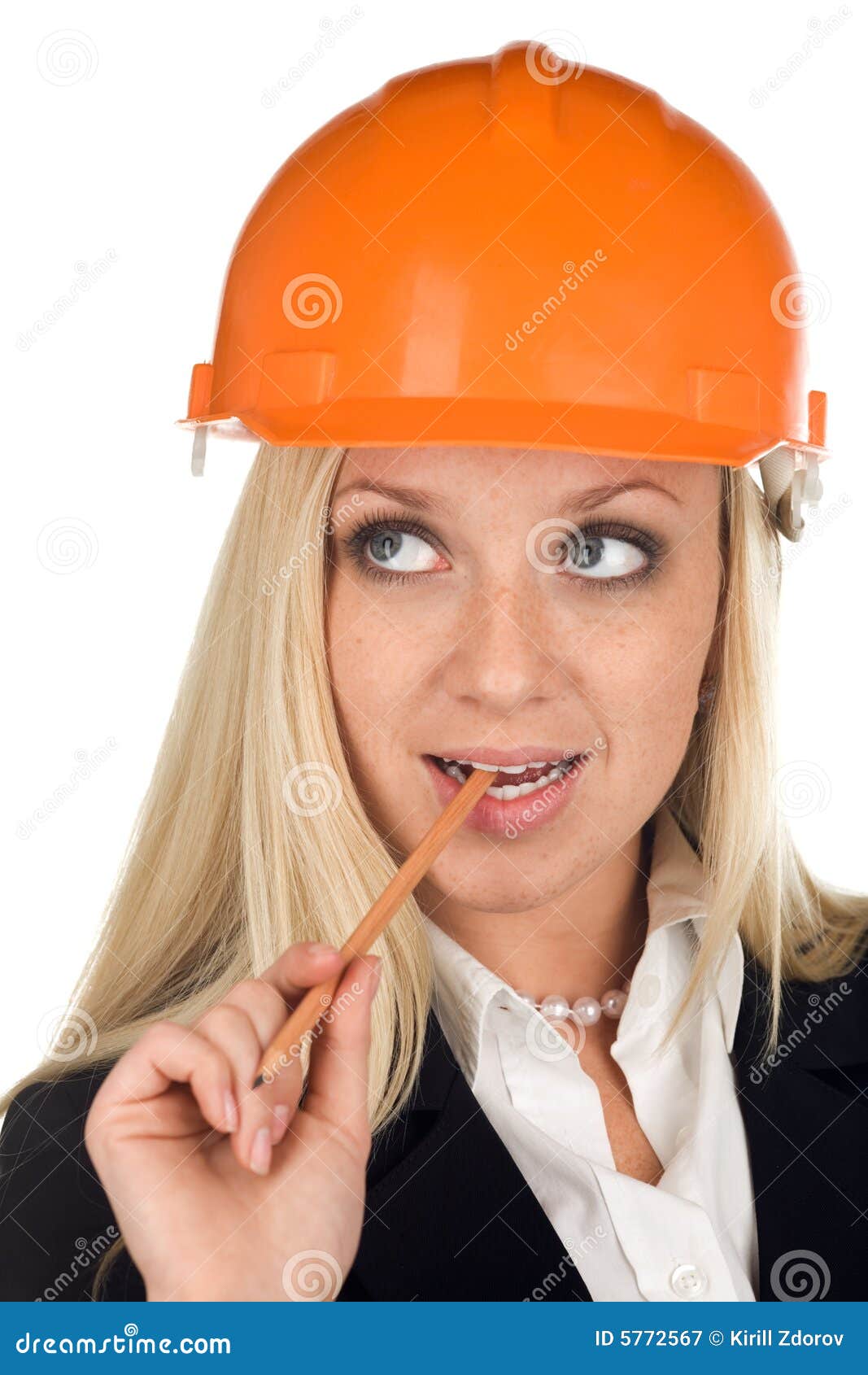 A Thinking Woman in Hard Hat Stock Image - Image of girl, industry: 5772567