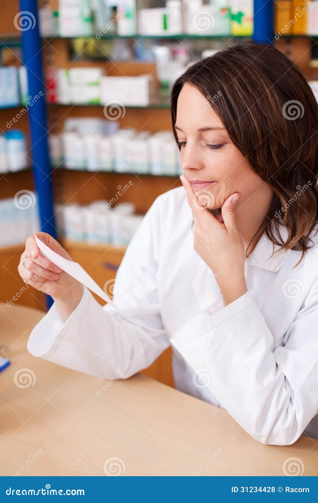Thinking Woman Looking at Prescription Stock Photo - Image of drugstore ...